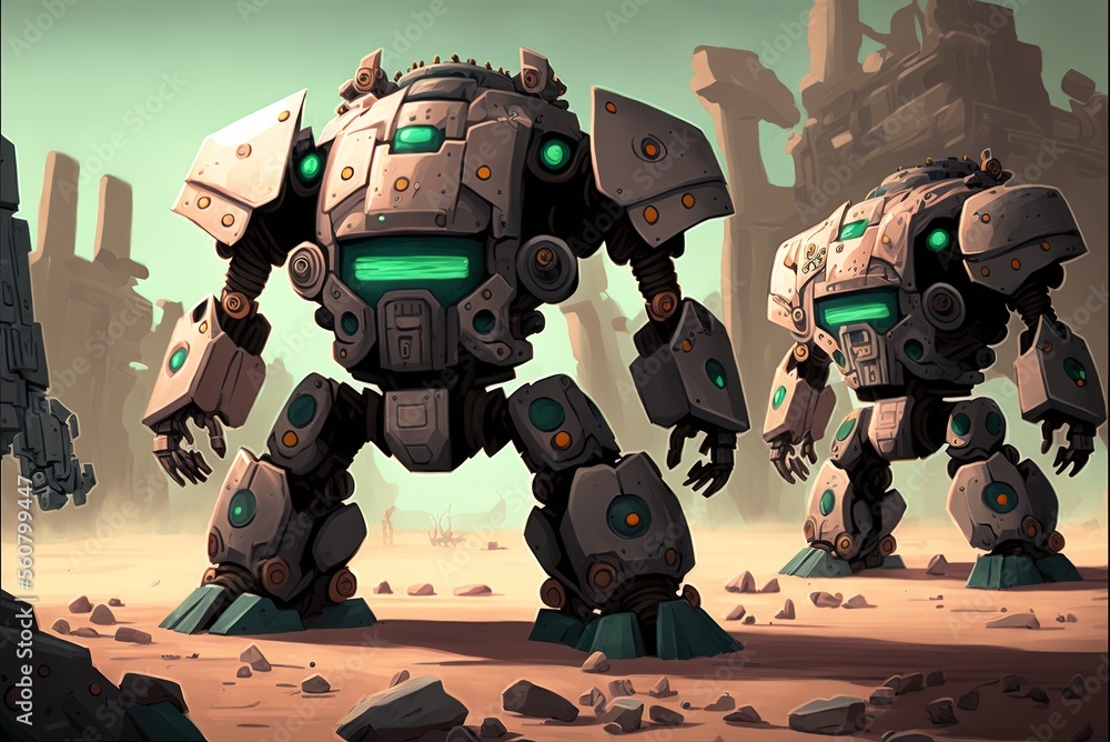 cartoonish warrior robots in a video game role-playing setting. combat ...