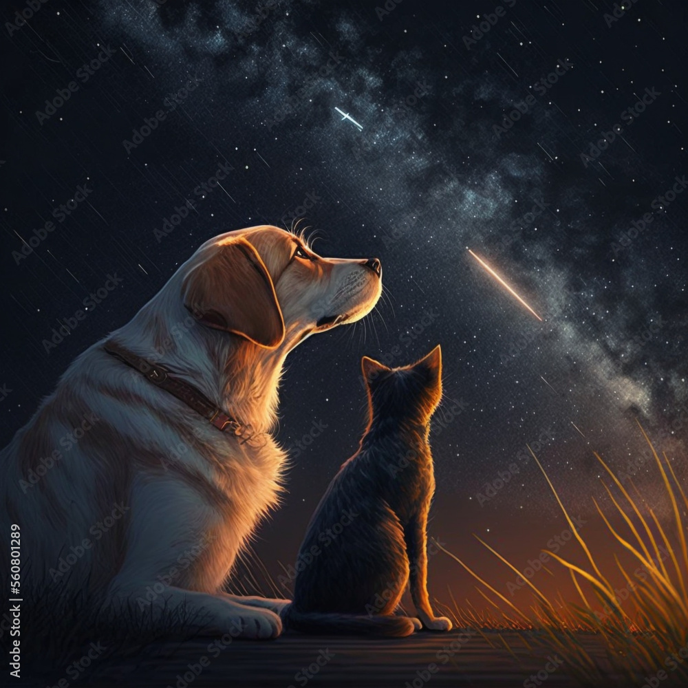 Dog and Cat Sitting Together Looking at a Shooting Star in the Night ...