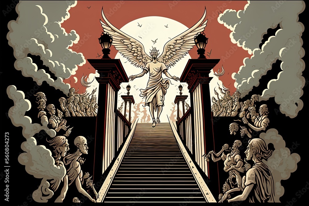 cartoon depiction of the afterlife, complete with a staircase to heaven ...
