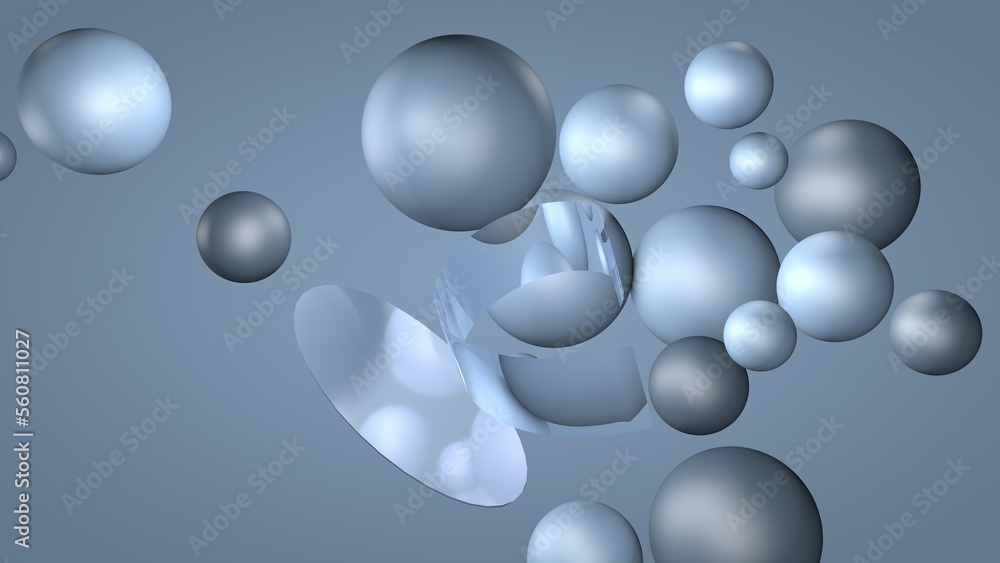 3d render. Blue background with balls or spheres of different sizes. In ...