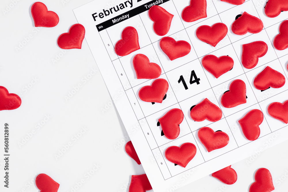 Valentine's Day concept. Date February 14 on calendar 2023 on isolated ...