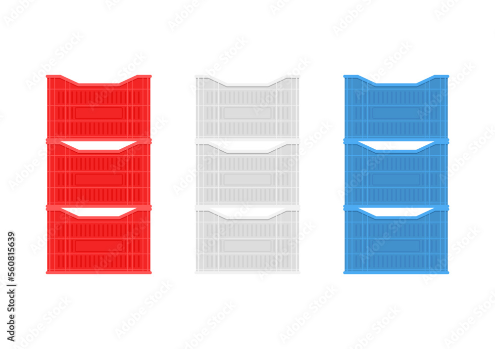 Plastic crate vector set. Empty plastic crate for fruits and vegetables ...