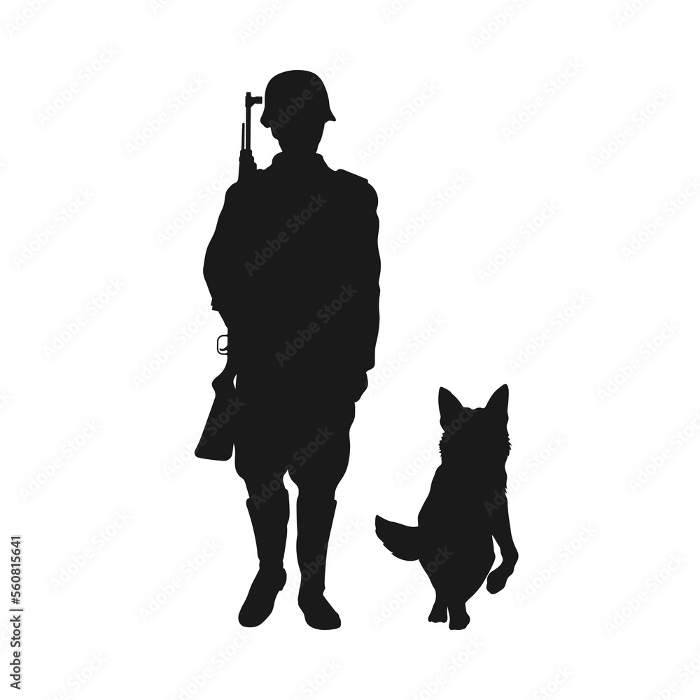 WW2 soldier black silhouette. Germanic warrior with shepherd dog ...