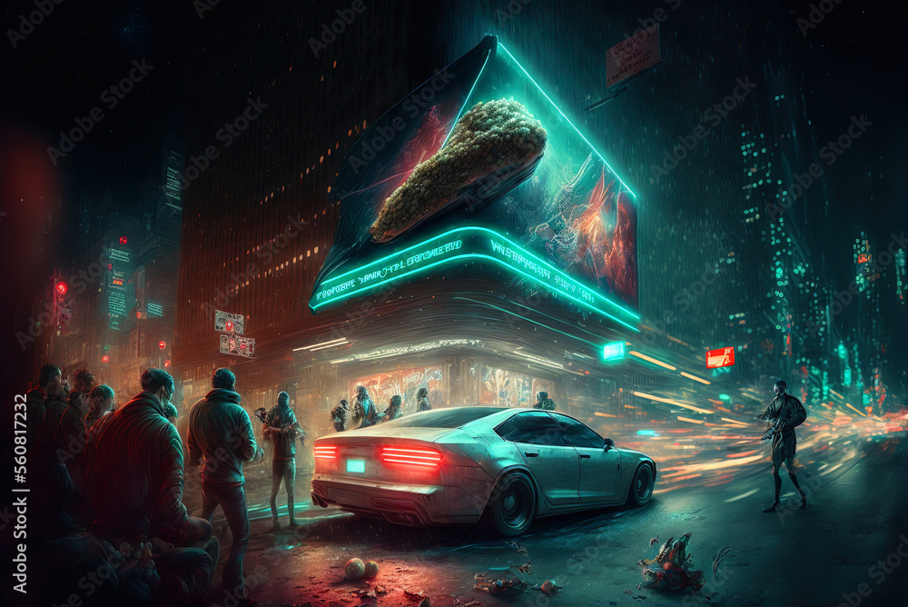 Cyberpunk styled cafe on the street corner with neon lights. Futuristic ...