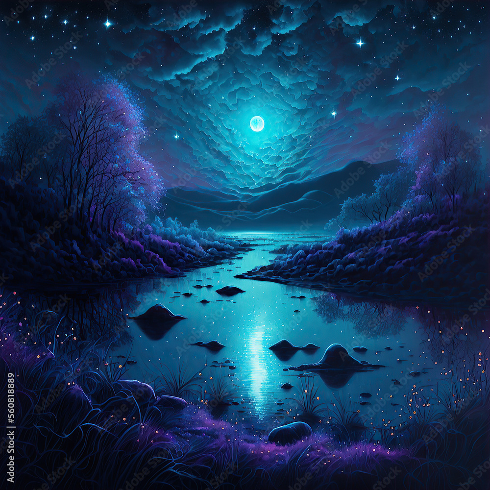 magical night river landscape with bioluminescent blue water, purple ...