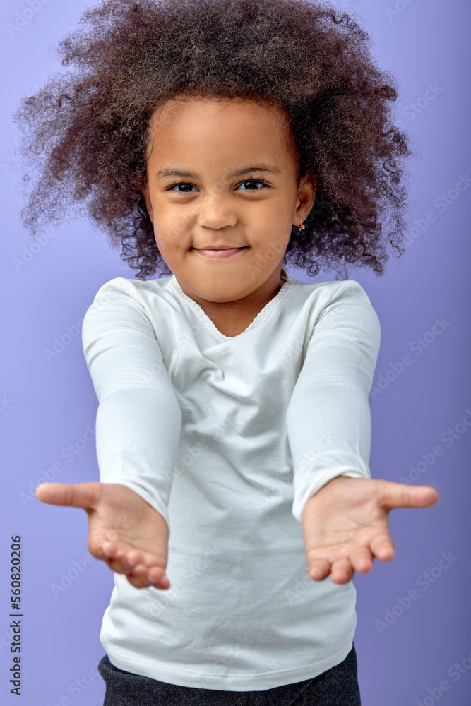 black cute girl stretches arms for a hug, kind adorable child smiling ...