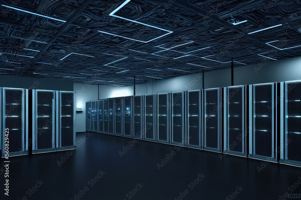 Server racks in computer network security server room data center. 3D ...