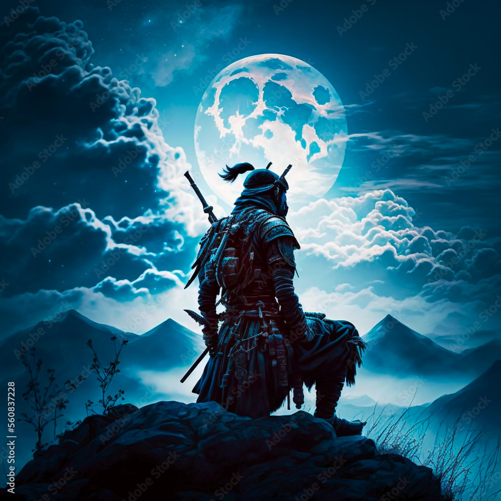 samurai with swords and kasa stands against the background of the night ...