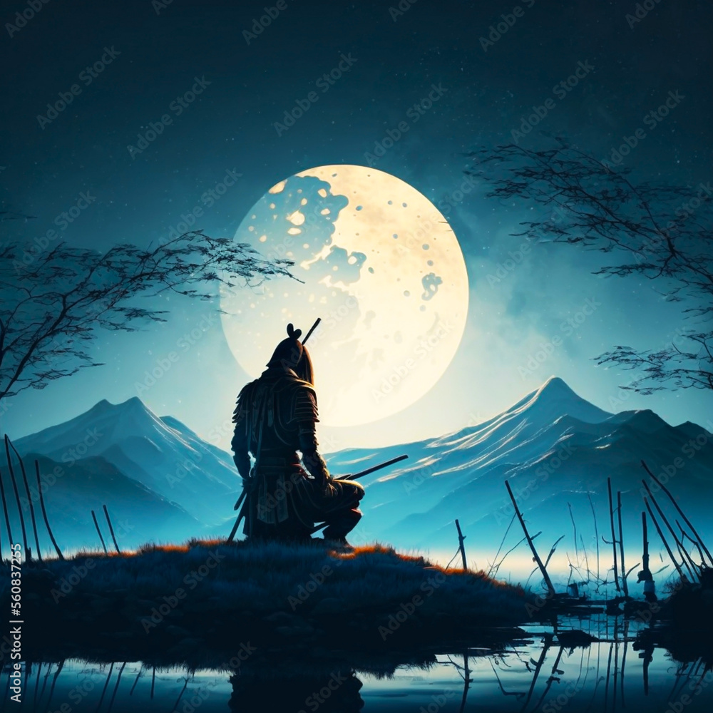 samurai with swords and kasa stands against the background of the night ...