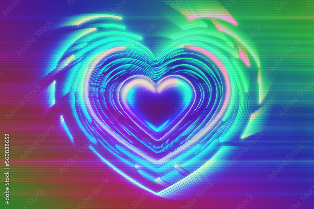 Abstract retro futuristic cyberpunk glowing 3d heart on rainbow neon ...