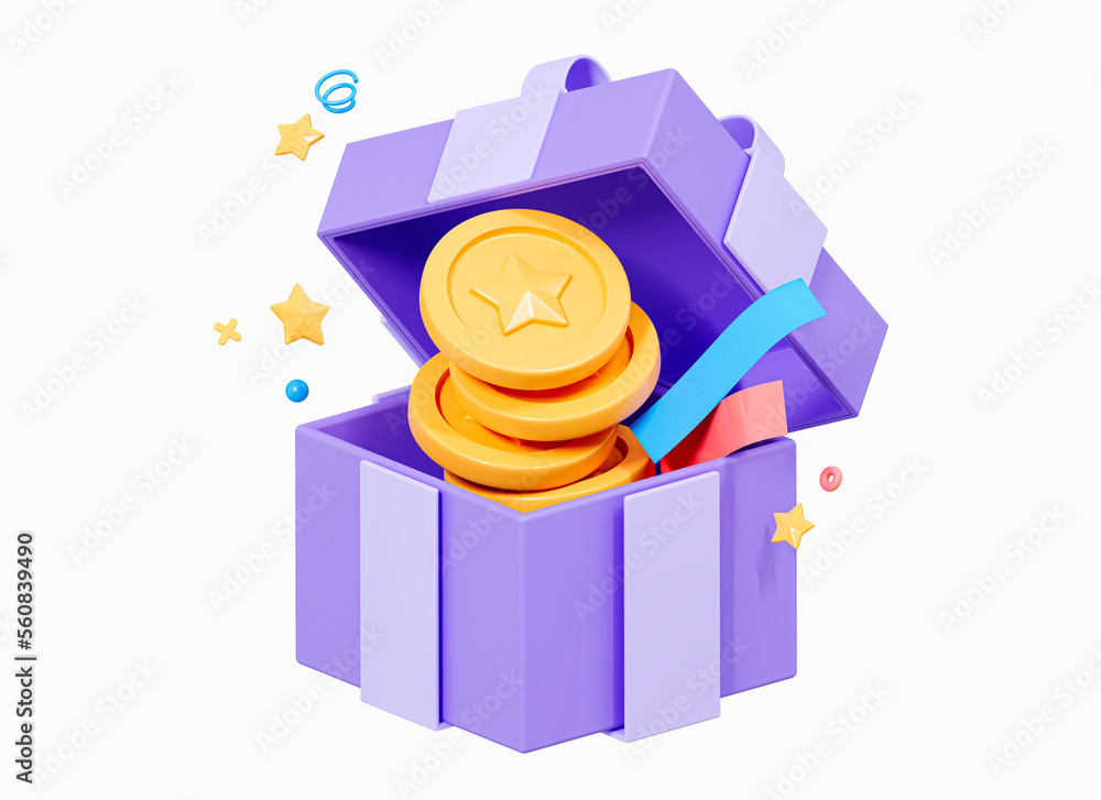 3D Loyalty program concept. Open gift box with coin. Win in game or ...