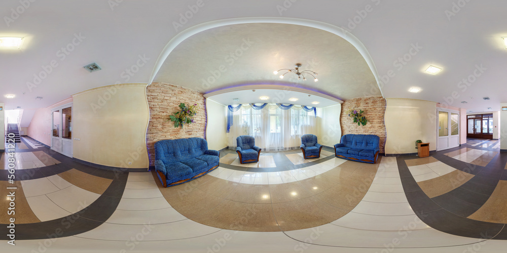 360 panorama in stylish guest hall or restroom in hotel with sofa in ...