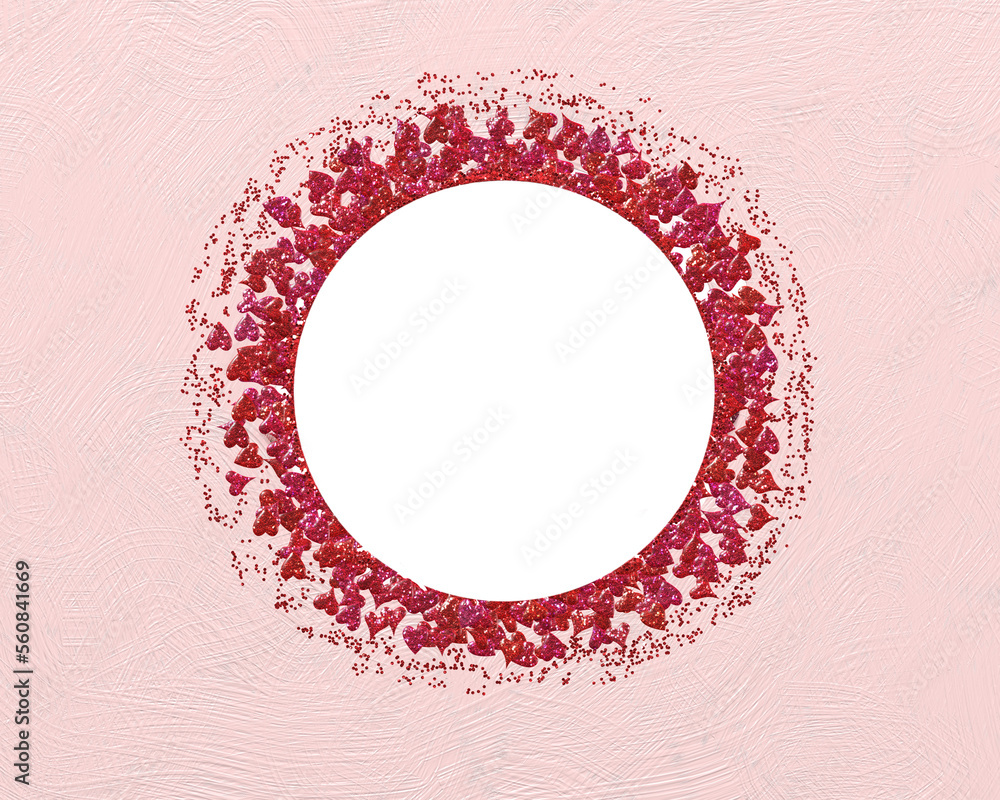 Light pink painted frame overlay with red glitter hearts and circular ...