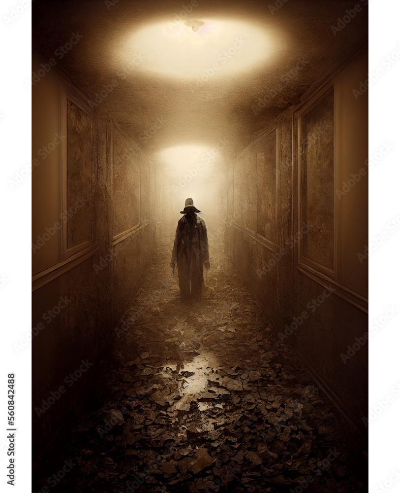 An evil character waiting in a spooky hallway, spooky corridor, danger ...