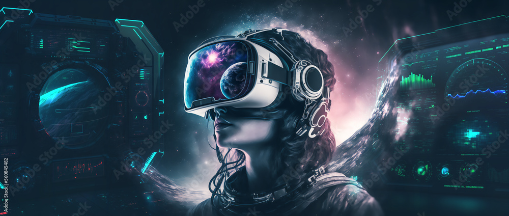 AI Cool woman with VR headset and technology HUD Games and ...