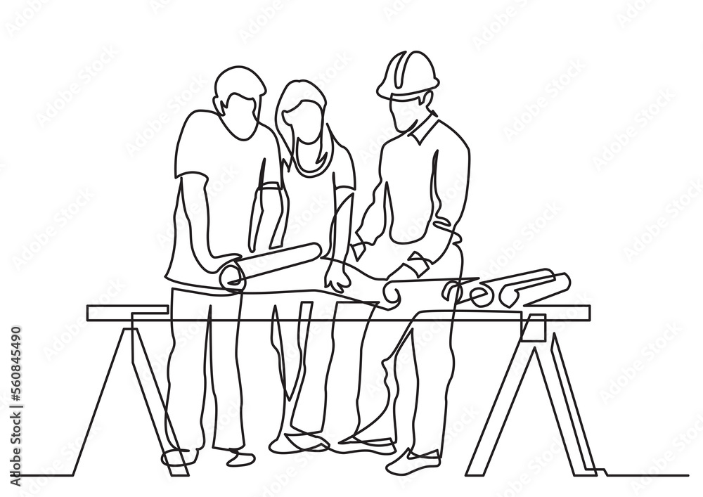 continuous line drawing couple discussing costruction plan with ...