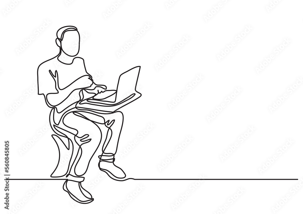 continuous line drawing man sitting working on computer - PNG image ...