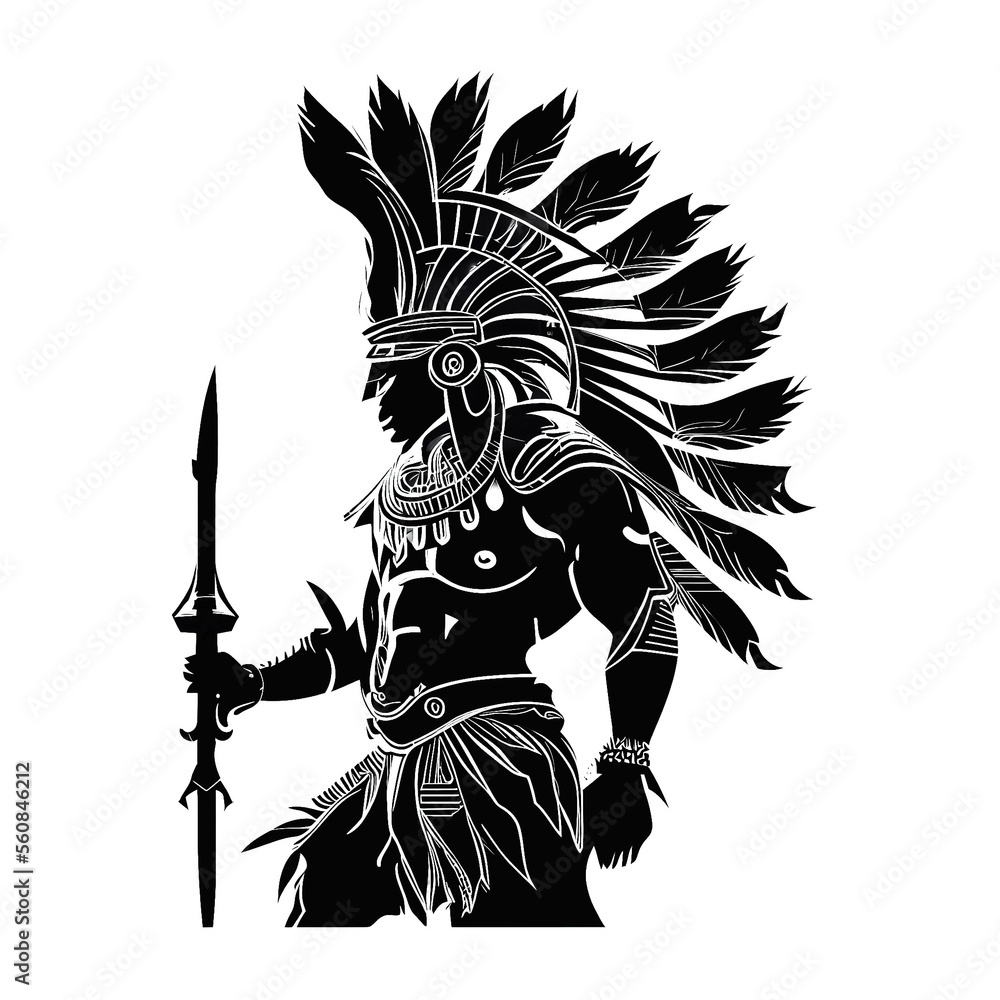 Black vector illustration of an Aztec warrior isolated on a white ...
