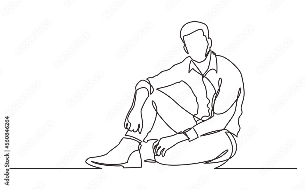 continuous line drawing sitting young man in boots - PNG image with ...
