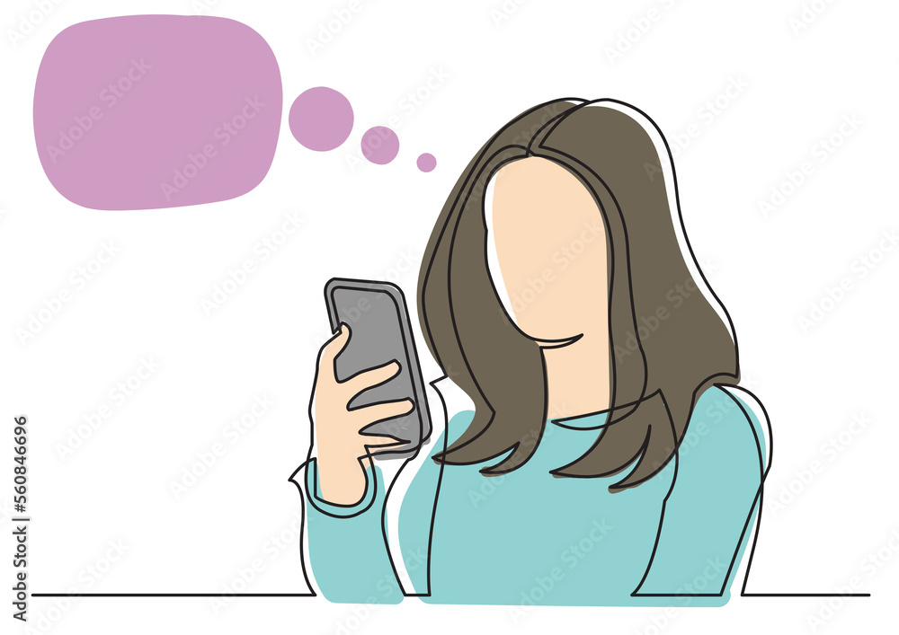 continuous line drawing woman reading mobile phone thinking colored - PNG image with transparent ...