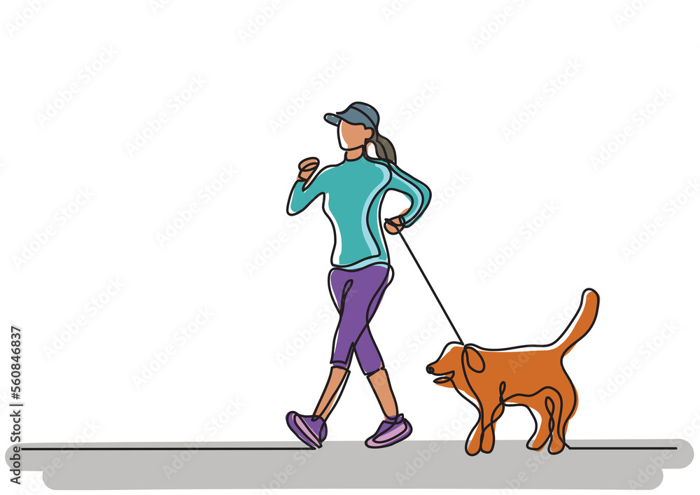 continuous line drawing woman walking with dog colored - PNG image with ...