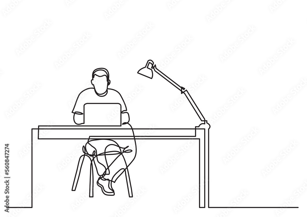 one line drawing man working desk with laptop - PNG image with ...