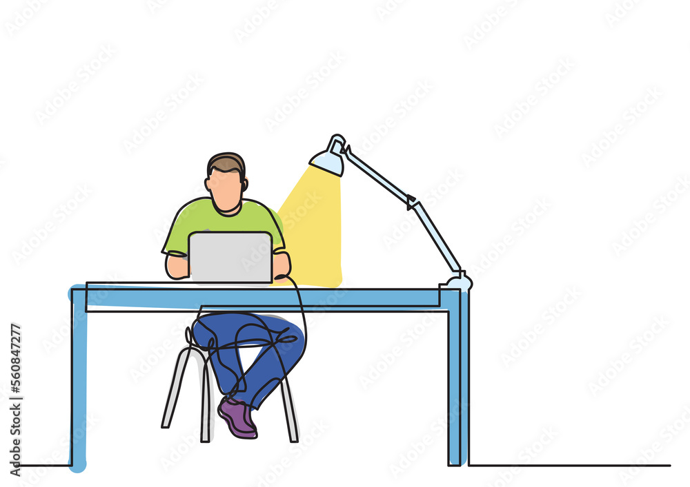 one line drawing man working desk with laptop colored colored - PNG ...