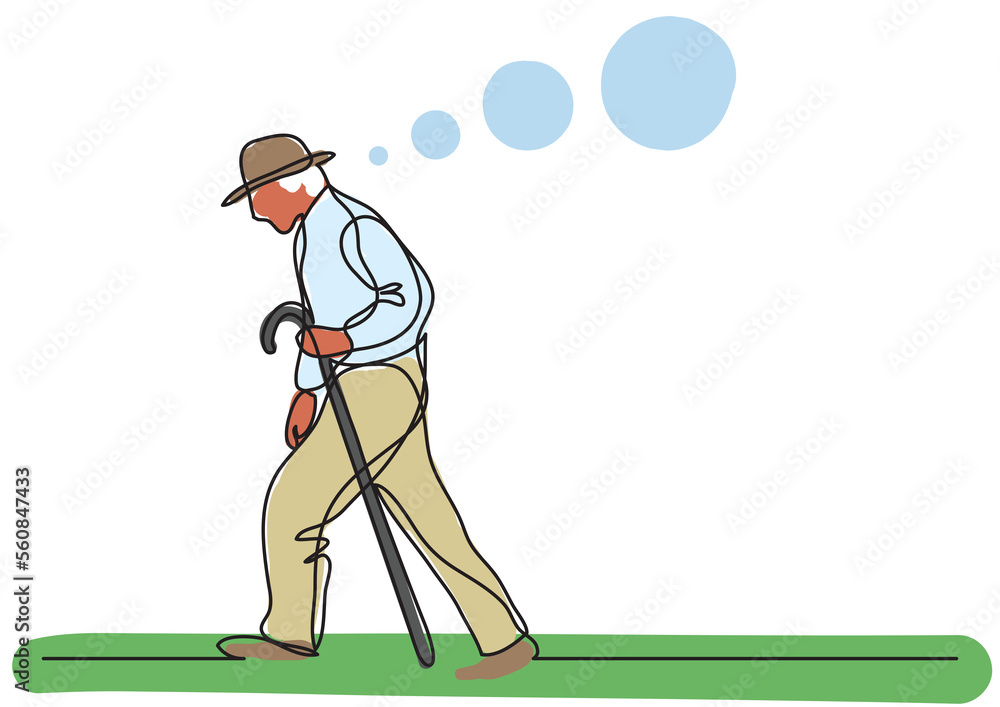 single line drawing old man walking colored colored - PNG image with ...