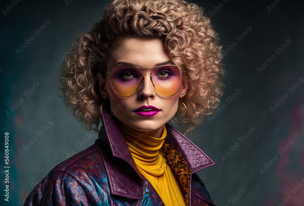 1980s vintage fashion portrait. Caucasian woman with retro 80's style ...