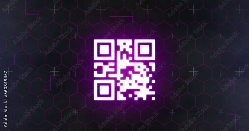 Image of glowing online security qr code with markers and hexagons on ...