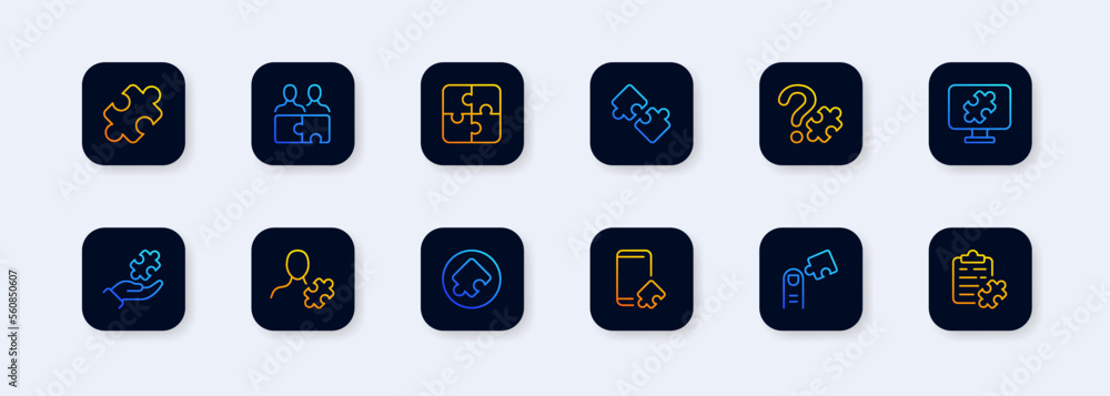 Puzzles. Icon set with different people and folding mosaic symbols ...