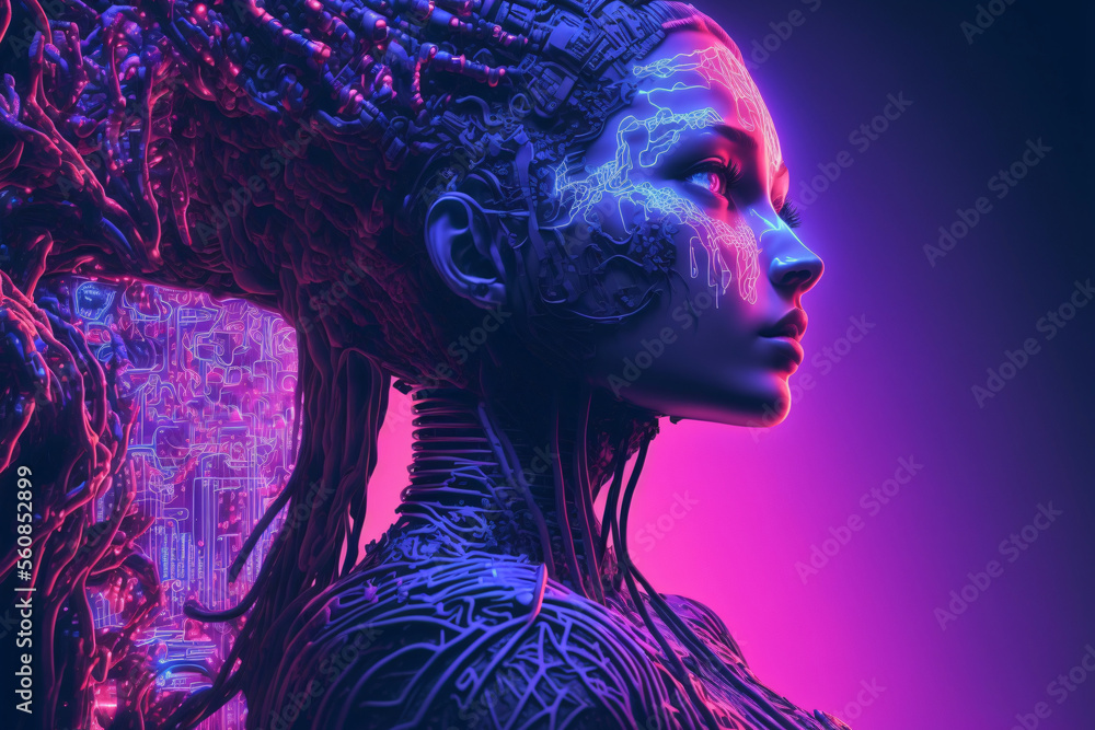 neural network, artificial intelligence, cyber girl with digital brain ...