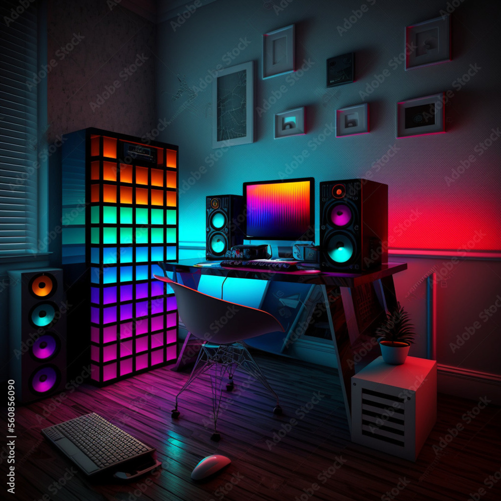 Modern streamer and gamer room with leds and a modern computer ...