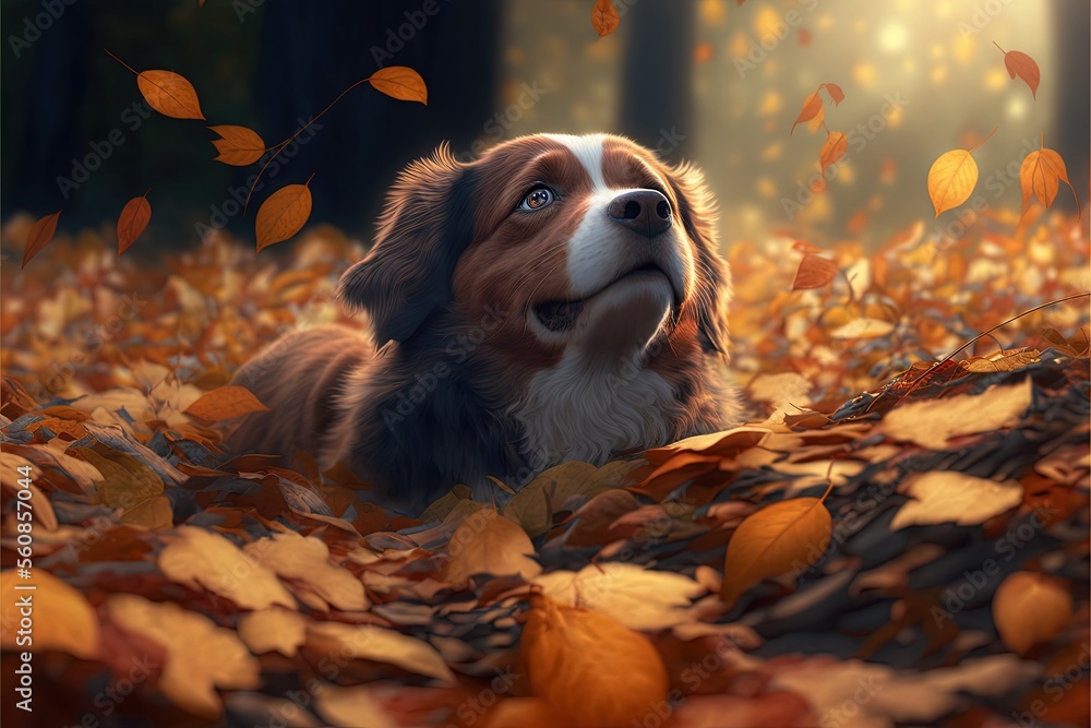 Cartoon dog in autumn watching leaves falling, Generative AI Stock ...