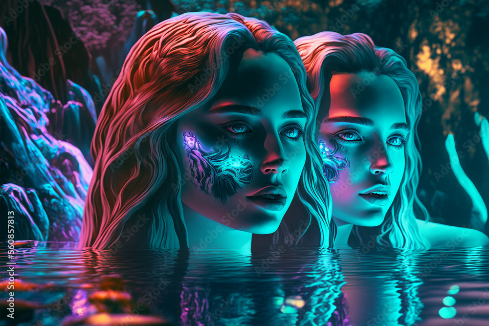 The Dream Merger Twins - Fantasy Art Depicting Twin Sisters with a Neon ...