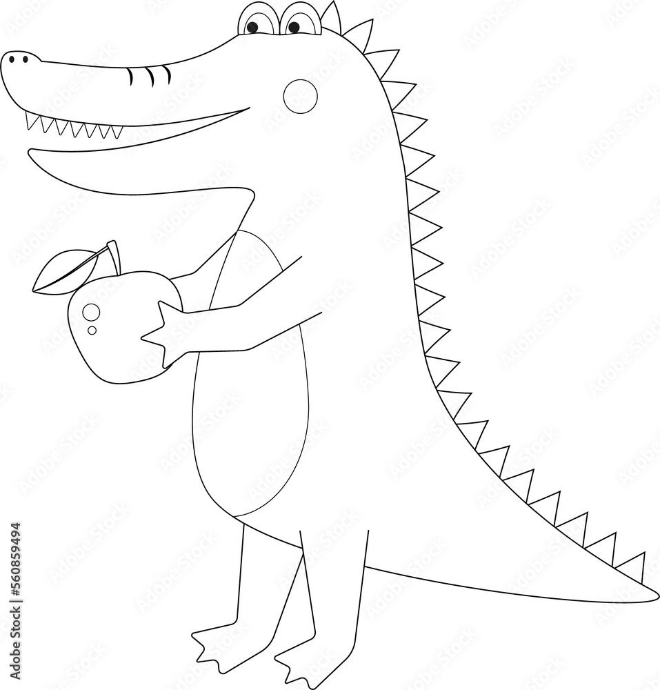 Coloring page. Black and white illustration. The alligator is holding ...