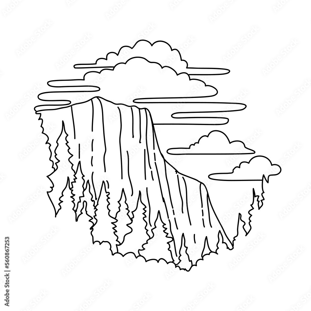 Mono Line Illustration Of El Capitan On The North Side Of Yosemite