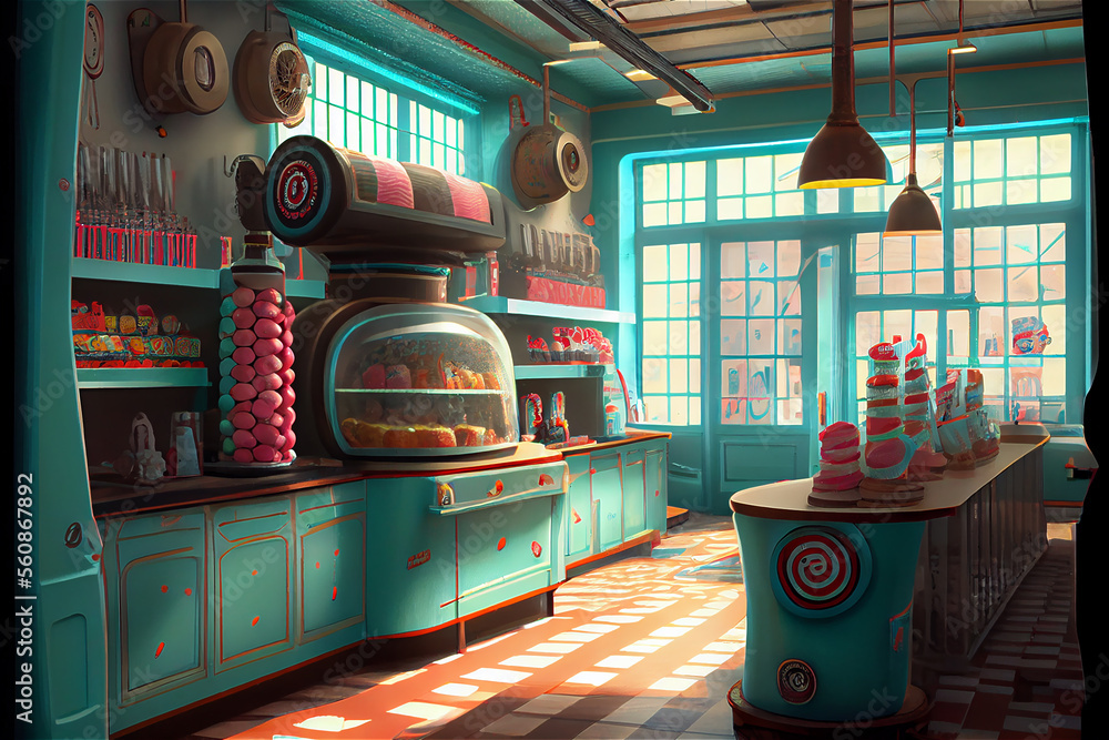 Luxury premium candy shop interior in pastel colors with lots of sweet ...