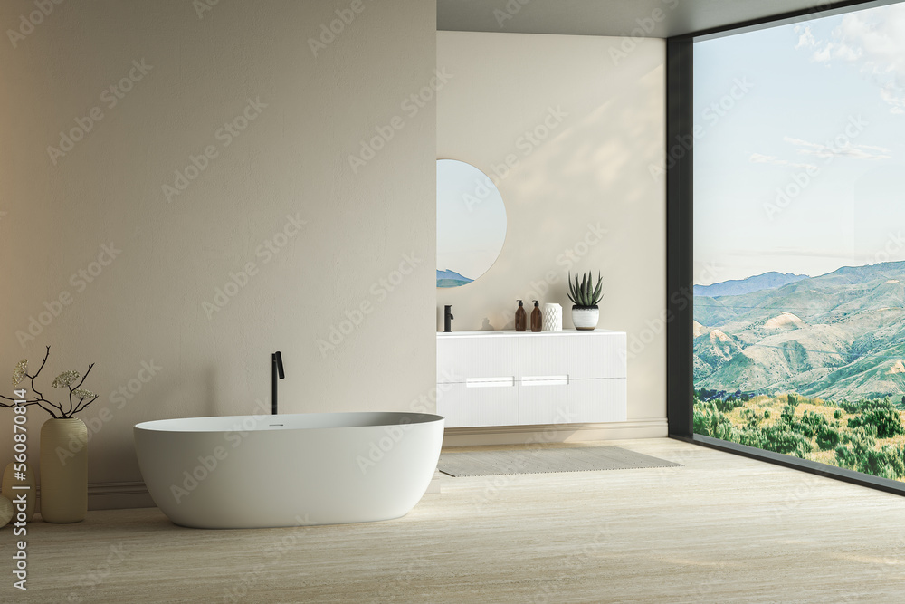 Bright minimal bathroom interior with white basin and oval mirror ...