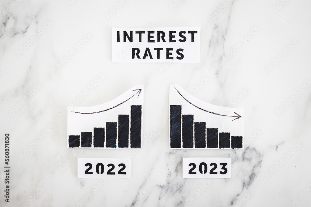 interest rates text with 2022 chart showing stats increasing and 2023 ...
