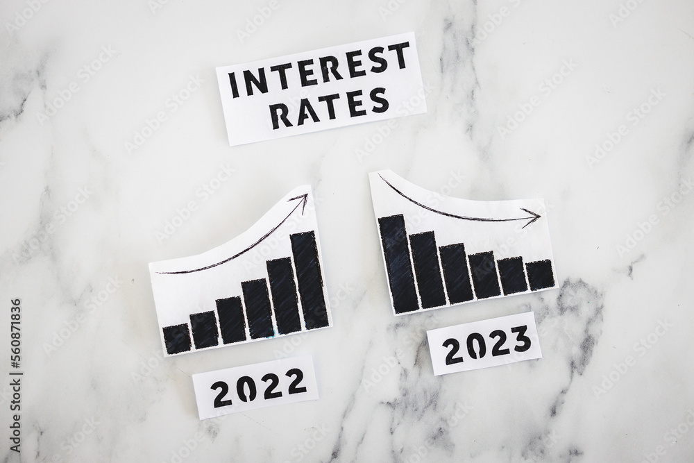 interest rates text with 2022 chart showing stats increasing and 2023 ...