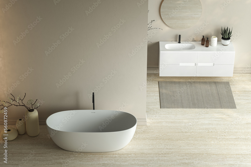 Bright minimal bathroom interior with white basin and oval mirror ...