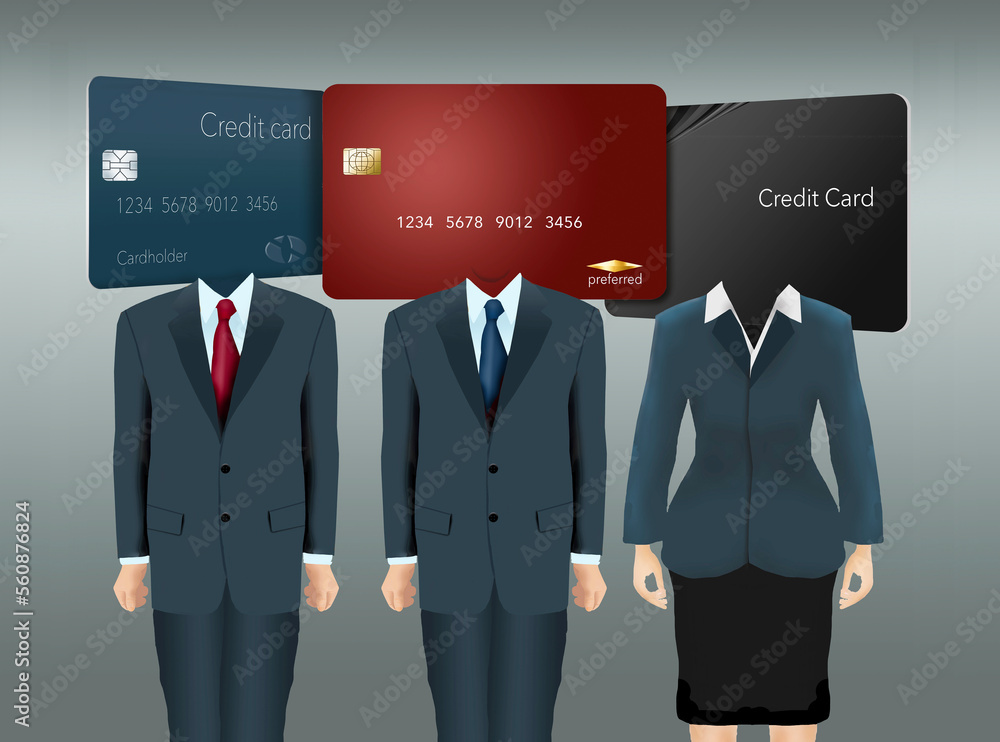 Three business people with credit cards for heads are standing side by ...