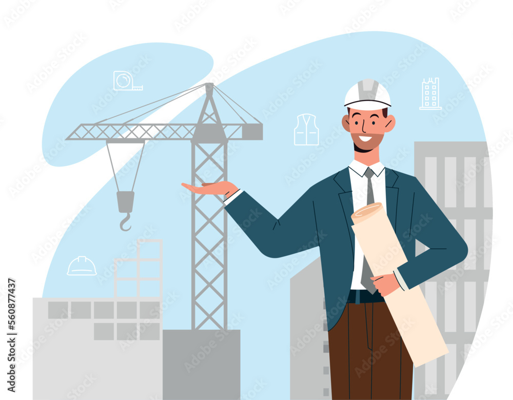 Architect engineer concept. Man with plan in helmet against backdrop of ...