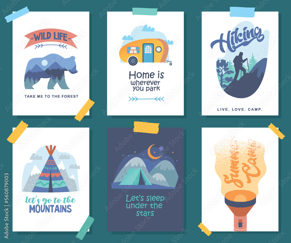 Camping lettering cards set. Collection of graphic elements for website ...