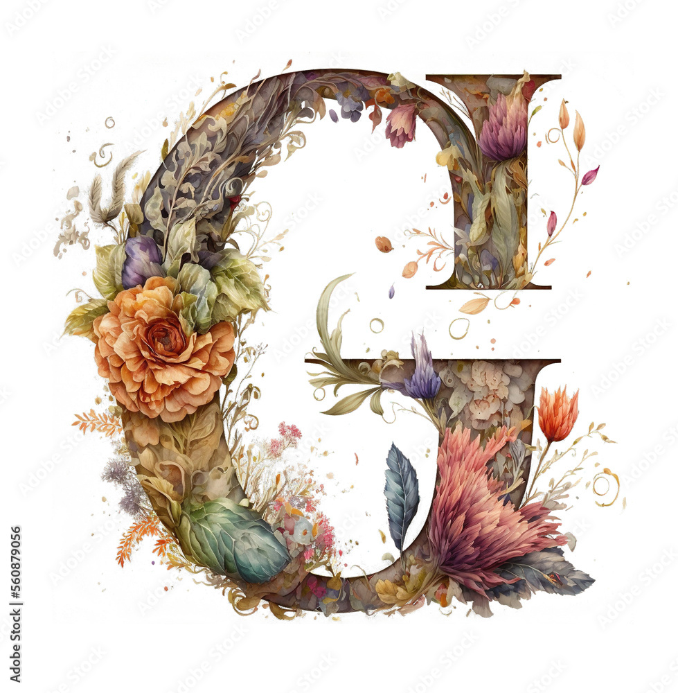 letter G monogram watercolor floral wildflowers weddings isolated ...