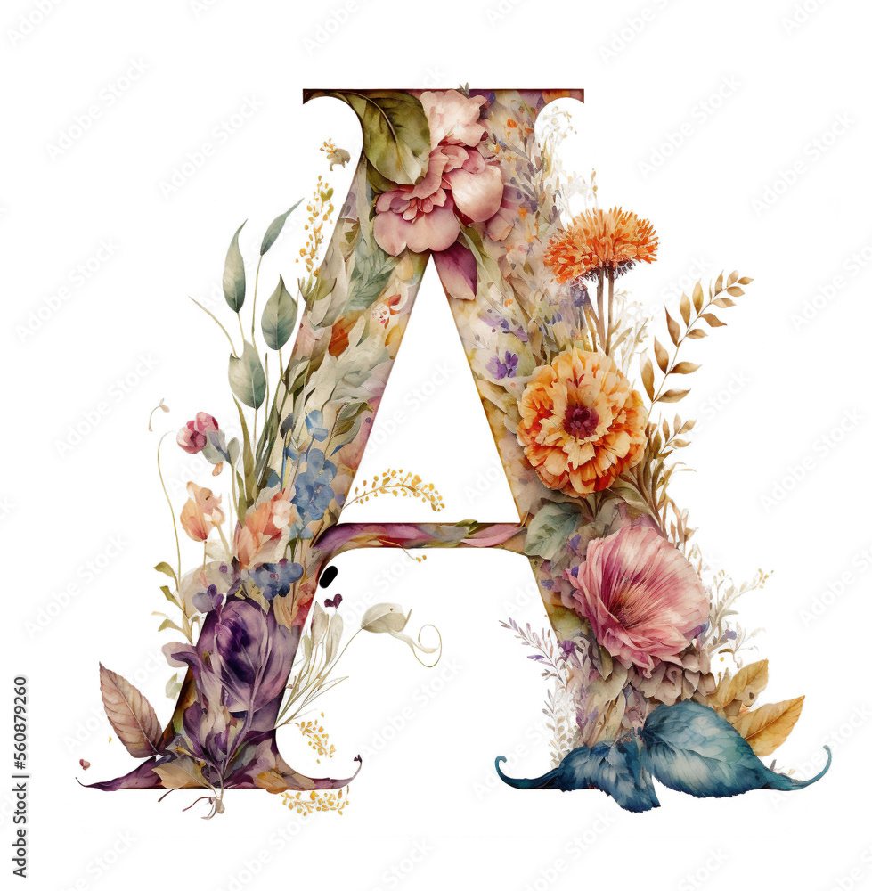 letter A monogram watercolor floral wildflowers weddings isolated ...