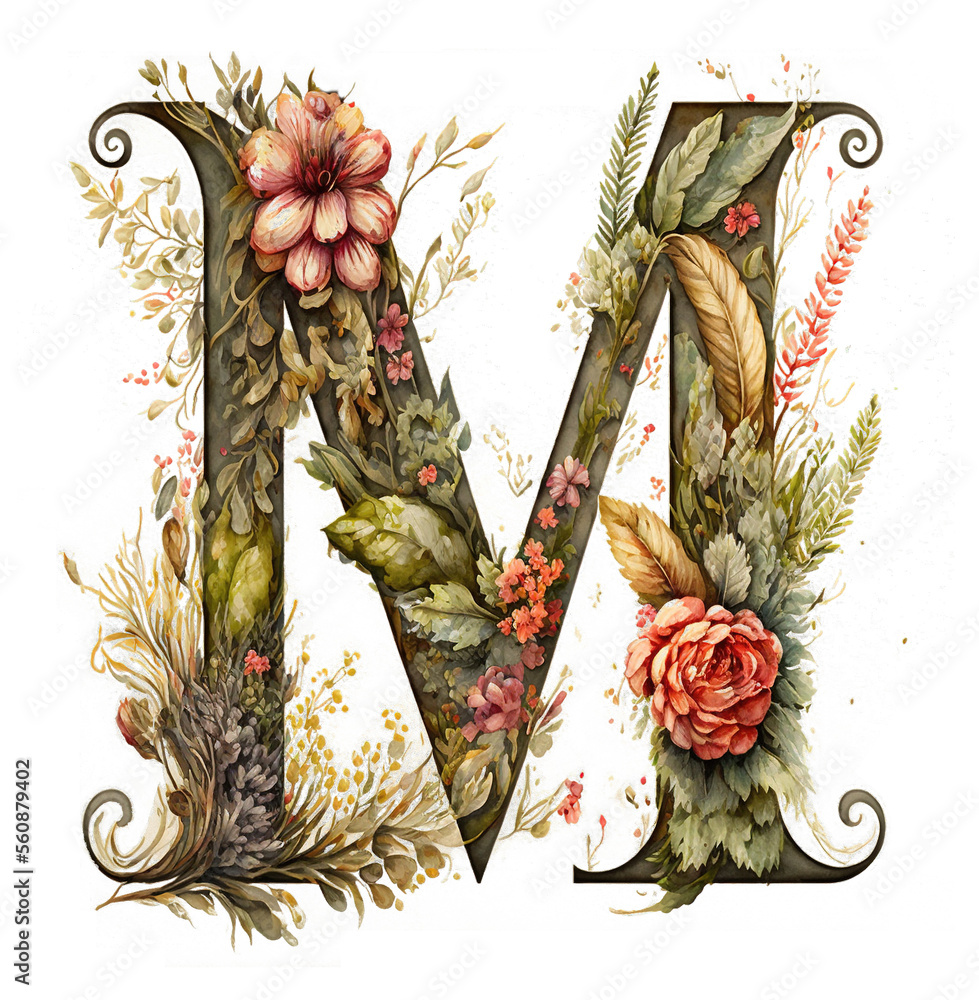 letter M monogram watercolor floral wildflowers weddings isolated ...