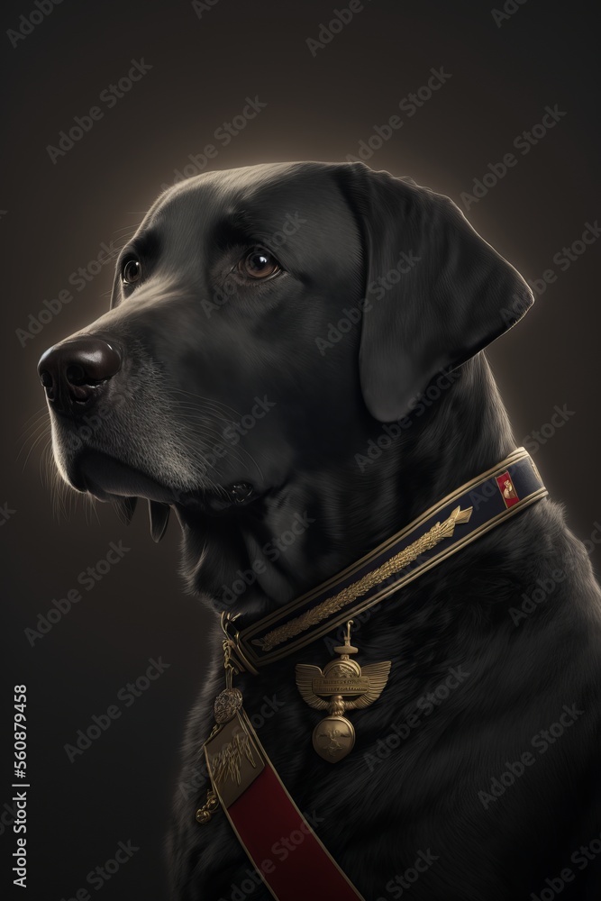Portrait of black labrador wearing historic military uniform with medal ...
