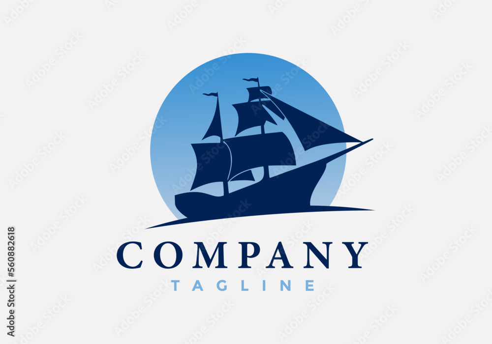 Pirate ship logo on blue moon background. Stock Vector | Adobe Stock